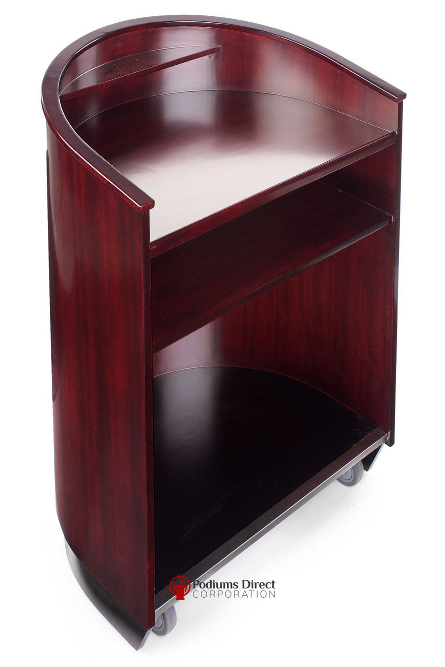 Non-Sound Curved Mobile Speech Lectern. Color: Mahogany – Podiums Direct